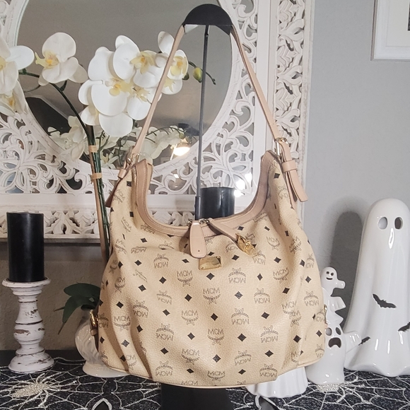 MCM | Bags | Mcm Cream Visetos Coated Canvas And Leather Hobo Bag ...